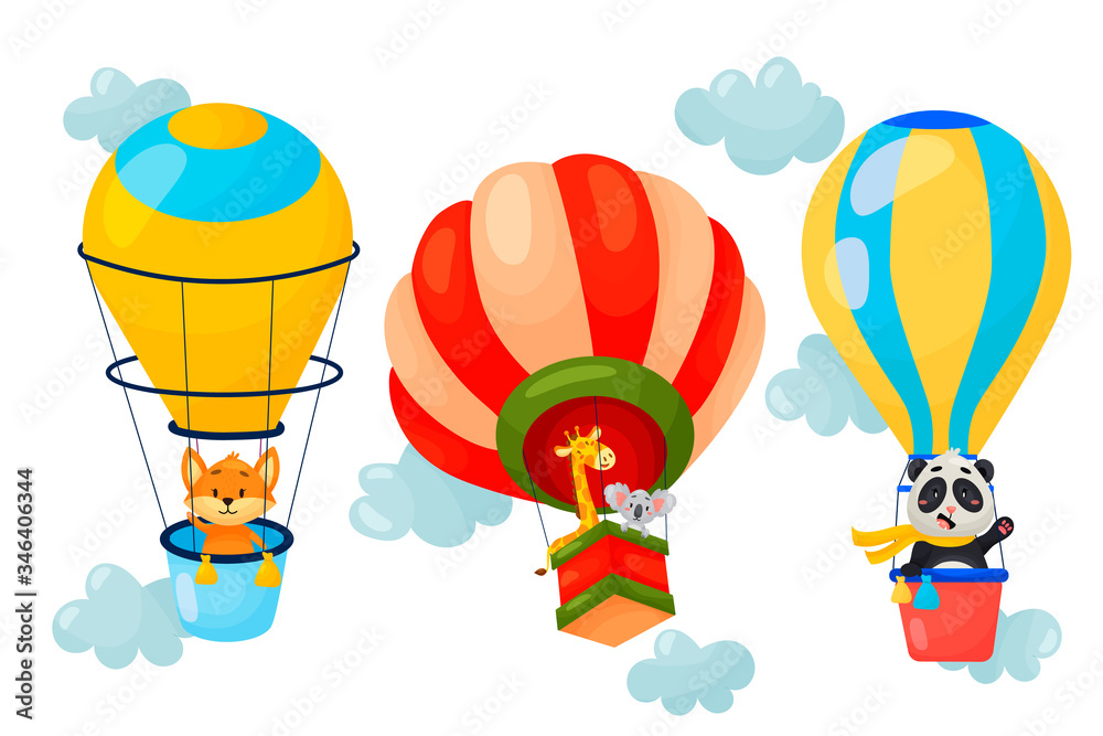 Vector set of cartoon animals flying on air balloons. Cute character ...