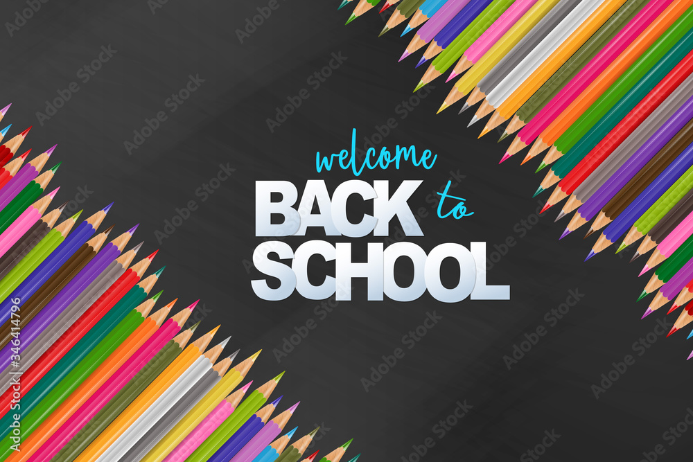 Welcome back to school black chalkboard background with a pile of ...