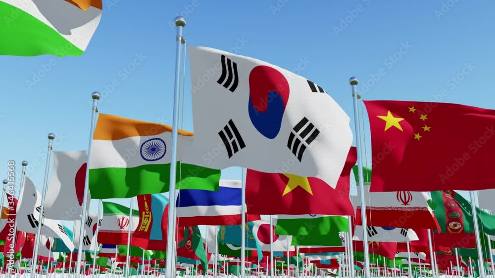 Different Flags of Asia countries. Various world flags on flagpoles ...