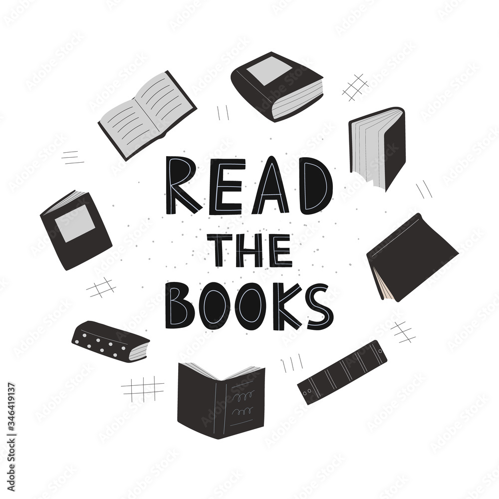 Frame with books silhouette and text inside on white background. Back ...