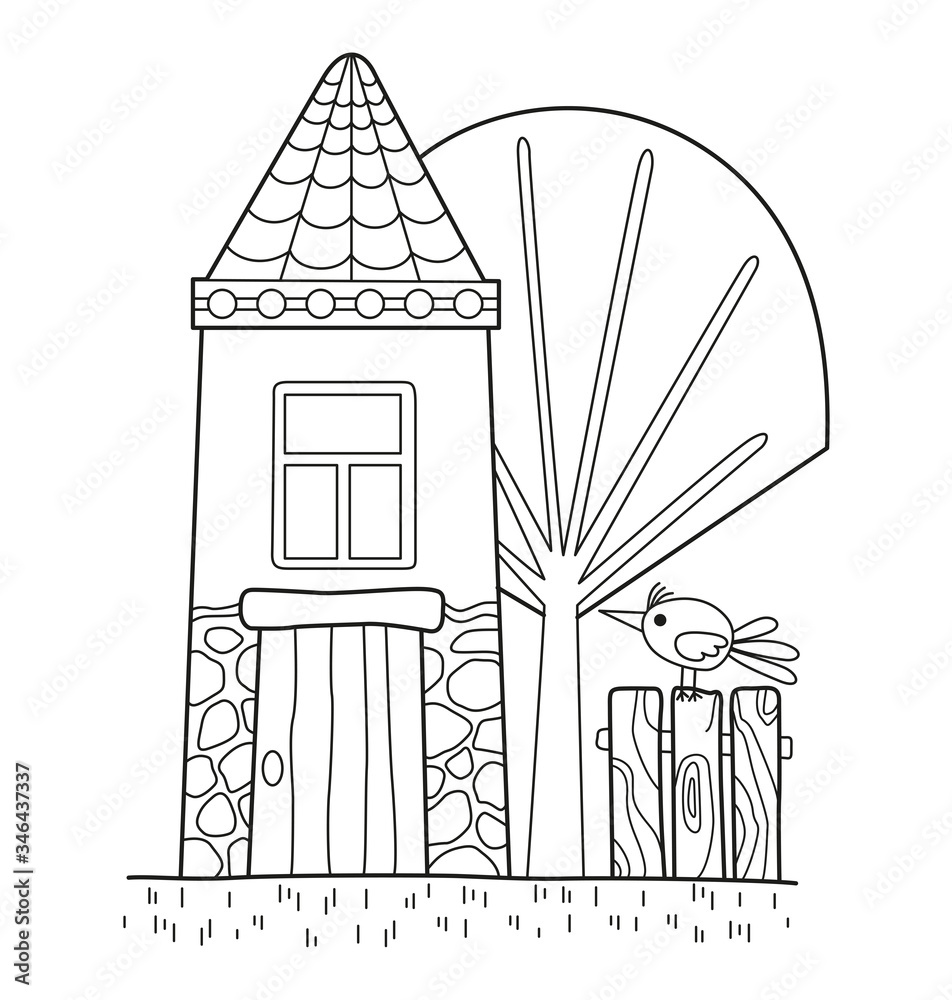 Cartoon coloring page with cute house and fairy bird. Vector ...
