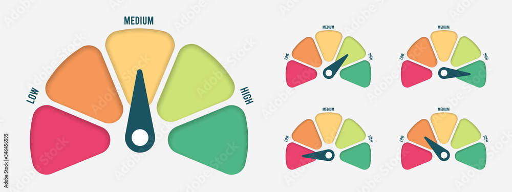 Radial scale from red to green with arrow hand pointer. Vector ...