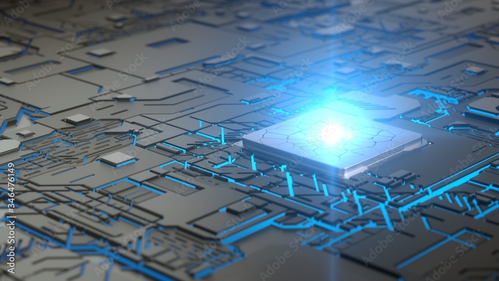 cpu concept with glowing abstract lines and light beam on processor. 3D ...
