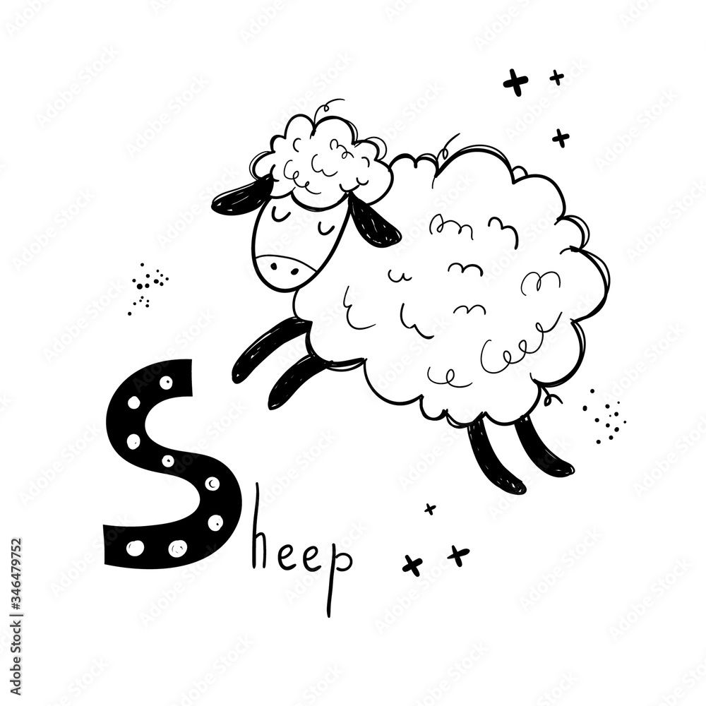 Vector hand-drawn baby illustration with sheep and letter S. ABC book ...