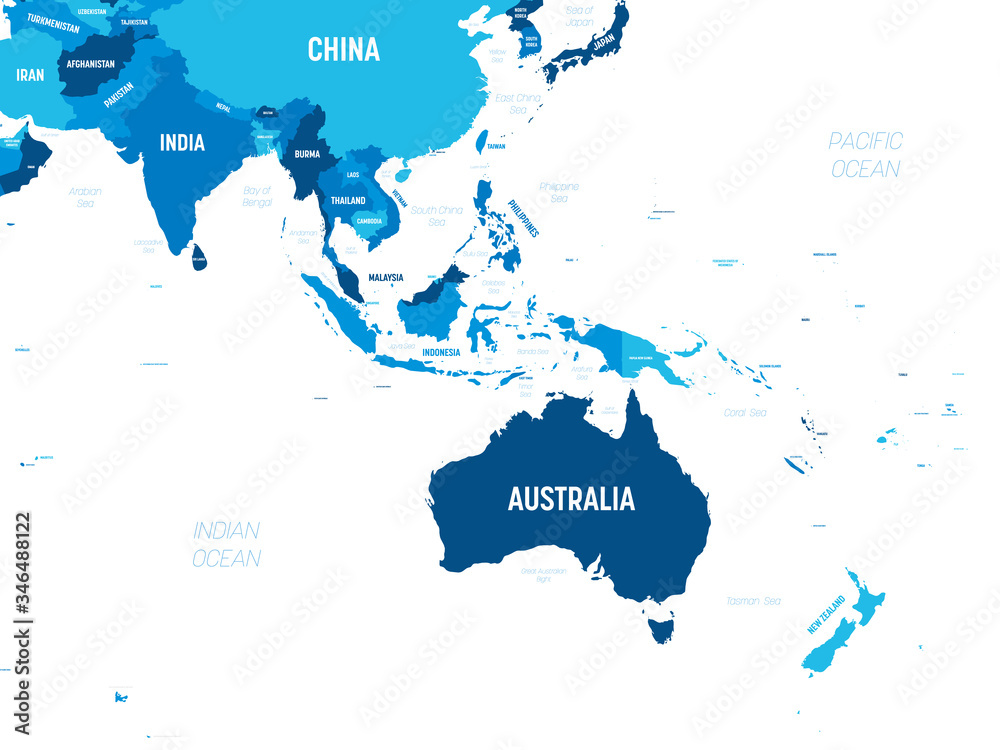 Australia and Southeast Asia map - green hue colored on dark background ...