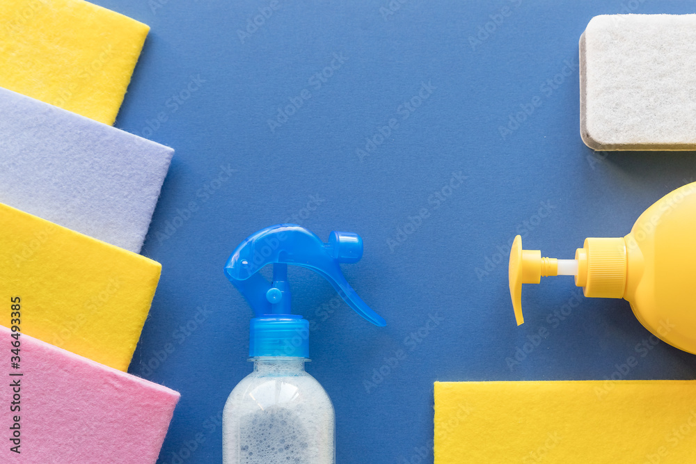House cleaning and housekeeping, blue background. Detergents for ...