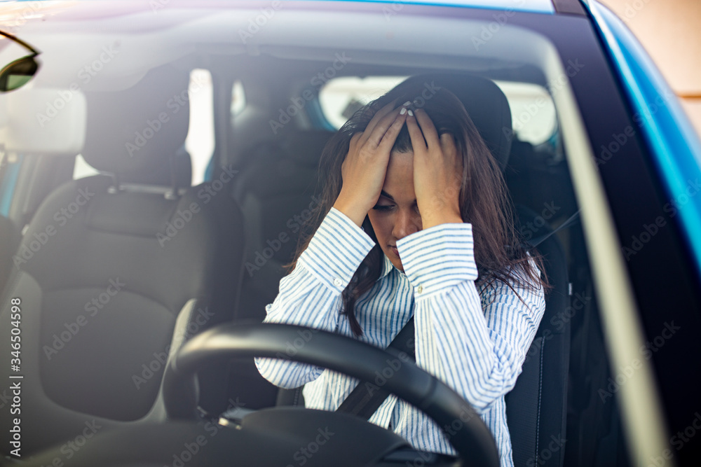 Stressed woman drive car feeling sad and angry. Girl tired, fatigue ...