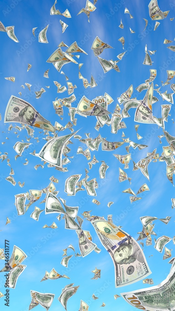 Flying dollars banknotes against the sky background. Money is flying in ...