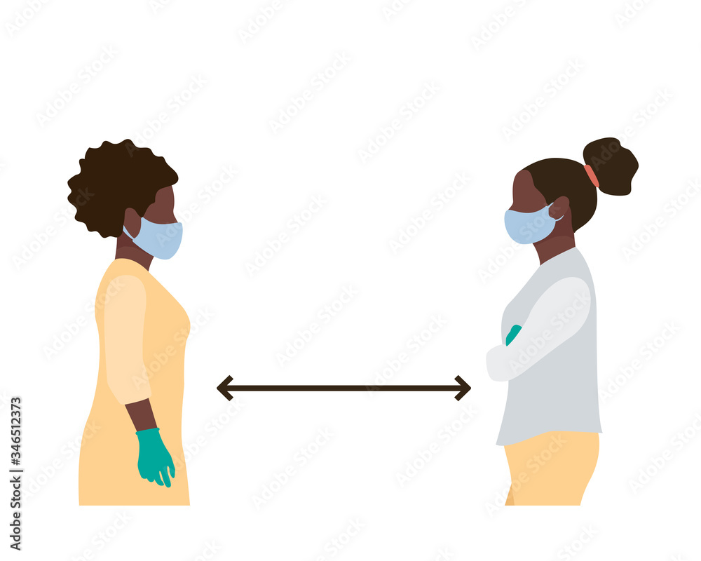 social distance two black Aframerican women wearing medical masks and ...