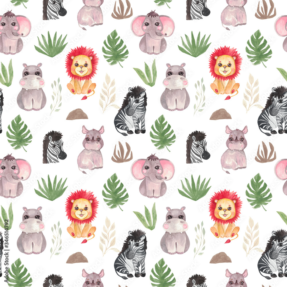 Seamless pattern Watercolor illustration set Safari baby animals ...