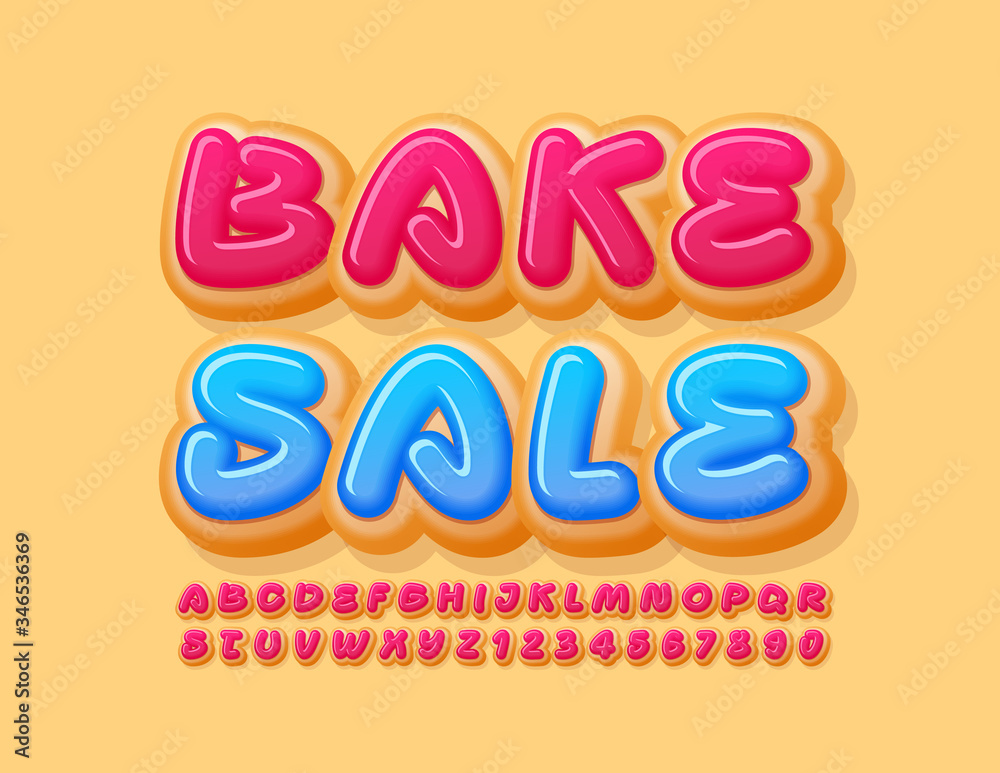 Vector bright poster Bake Sale with Handwritten Cake Font. Sweet Donut Alphabet Letters and ...