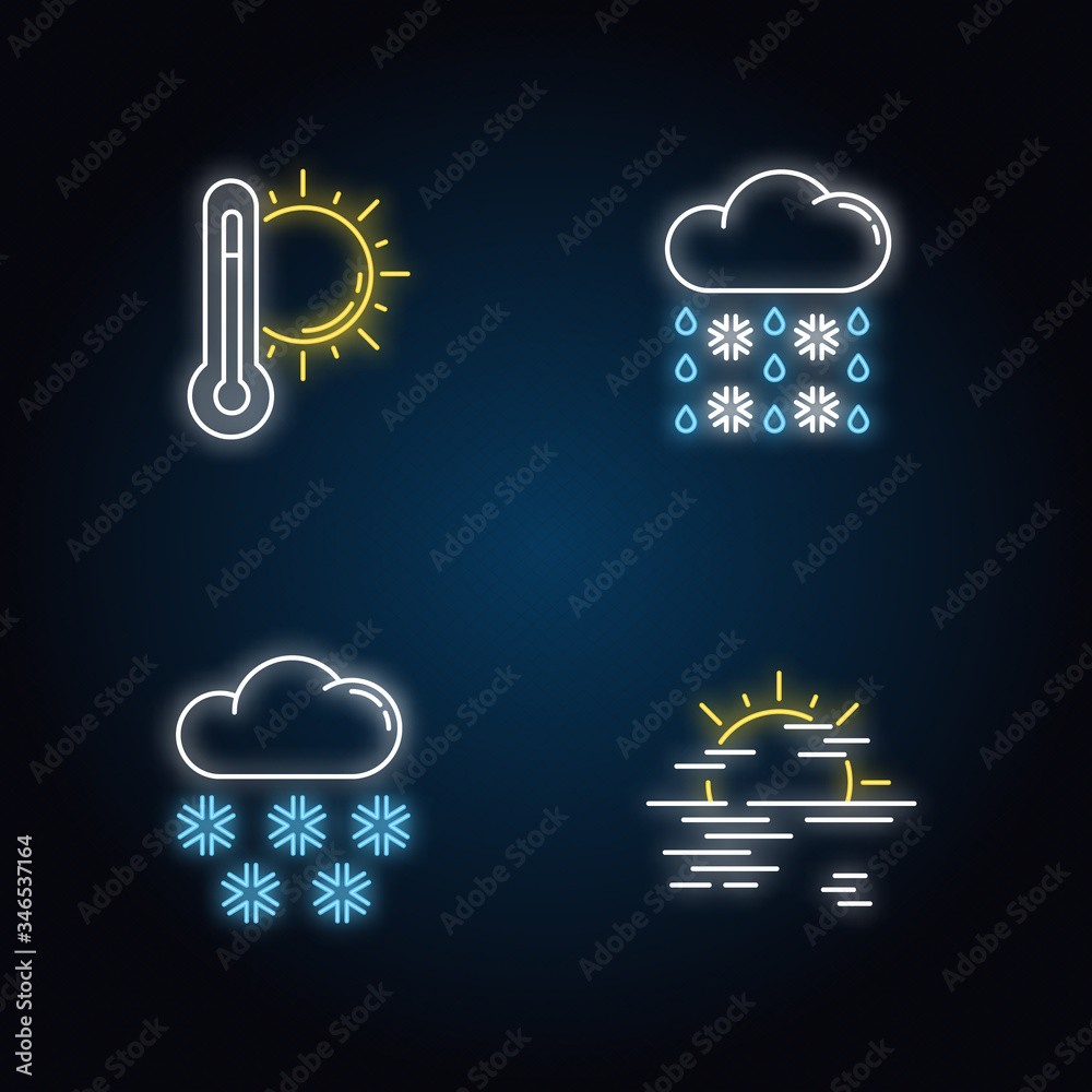 Temperature and precipitation forecast neon light icons set. Seasonal ...