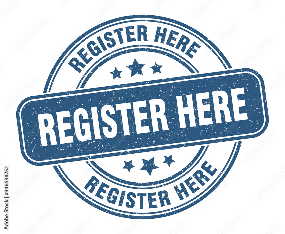 register here stamp. register here label. round grunge sign Stock ...