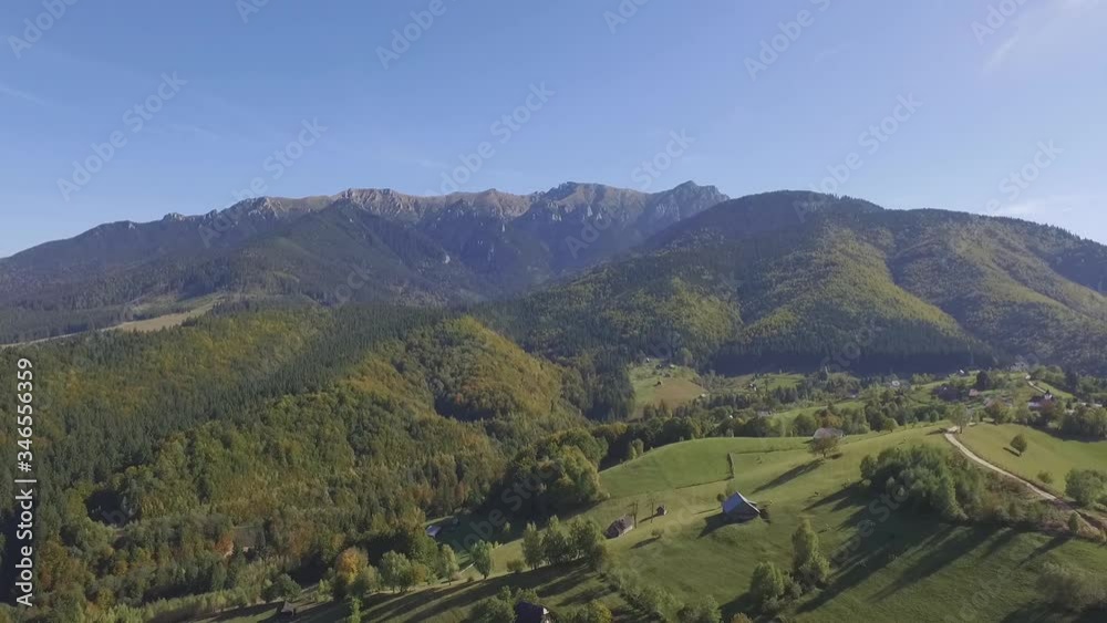 Aerial views of the scenic rural landscape surrounded by Carpathian ...
