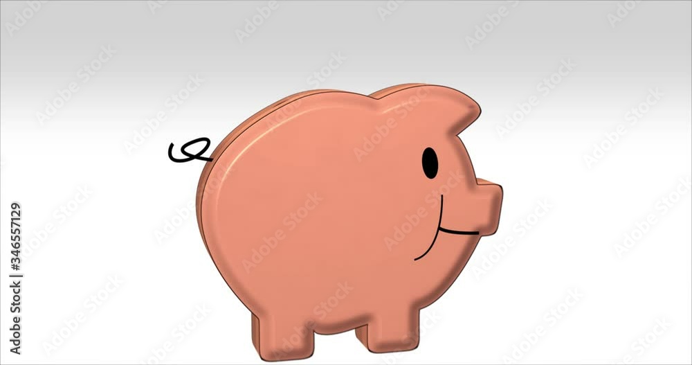 Gold coins fly into happy piggy bank that is getting fatter. Saving ...