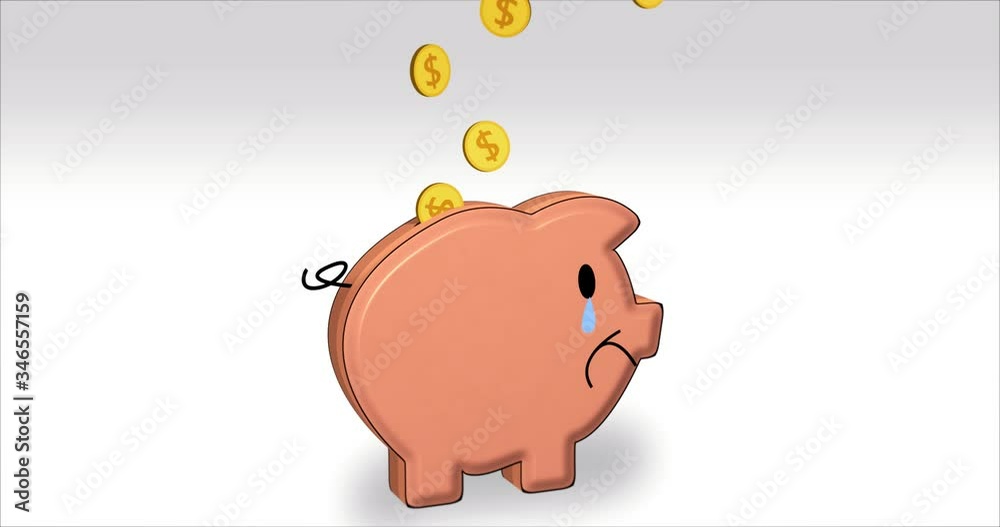 Animated cartoon piggy bank loses golden coins and is sad. Losing Money ...