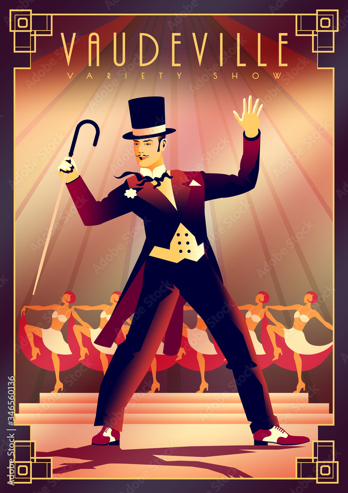 The operetta actor and the girls from the corps de ballet in the background perform on stage in ...