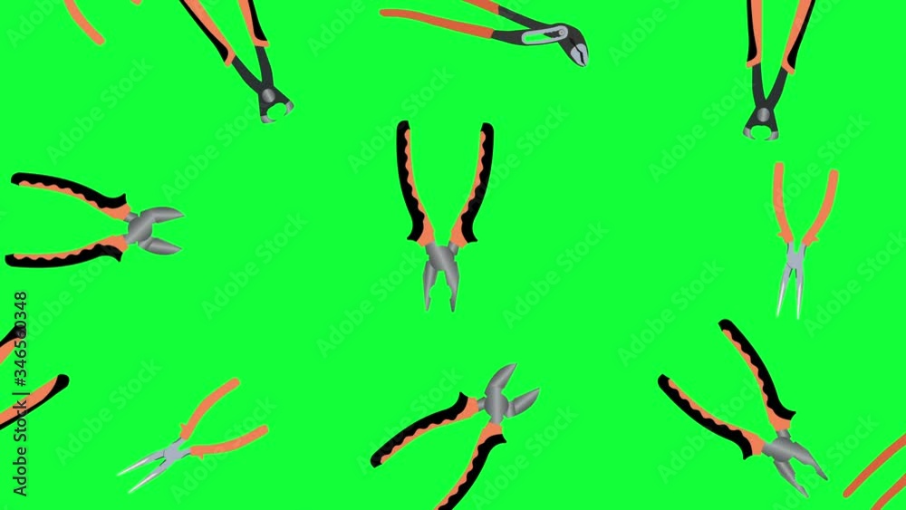 Working pliers tools elements graphic animation, on green screen chroma ...