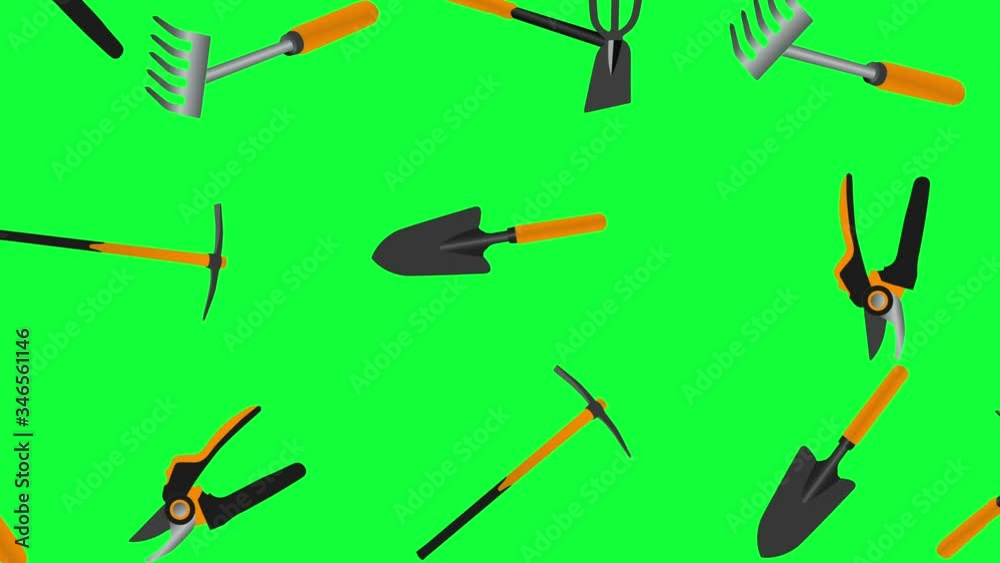 Working gardening tools elements animation, seamless loop on green ...