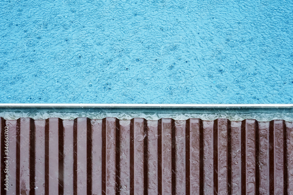 Gutter on a roof at the time of rain, storm drain. Gutter system, copy ...