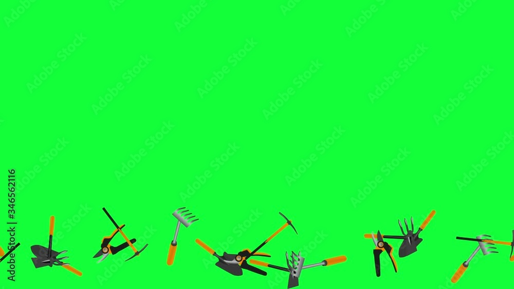 Working gardening tools elements animation, seamless loop on green ...