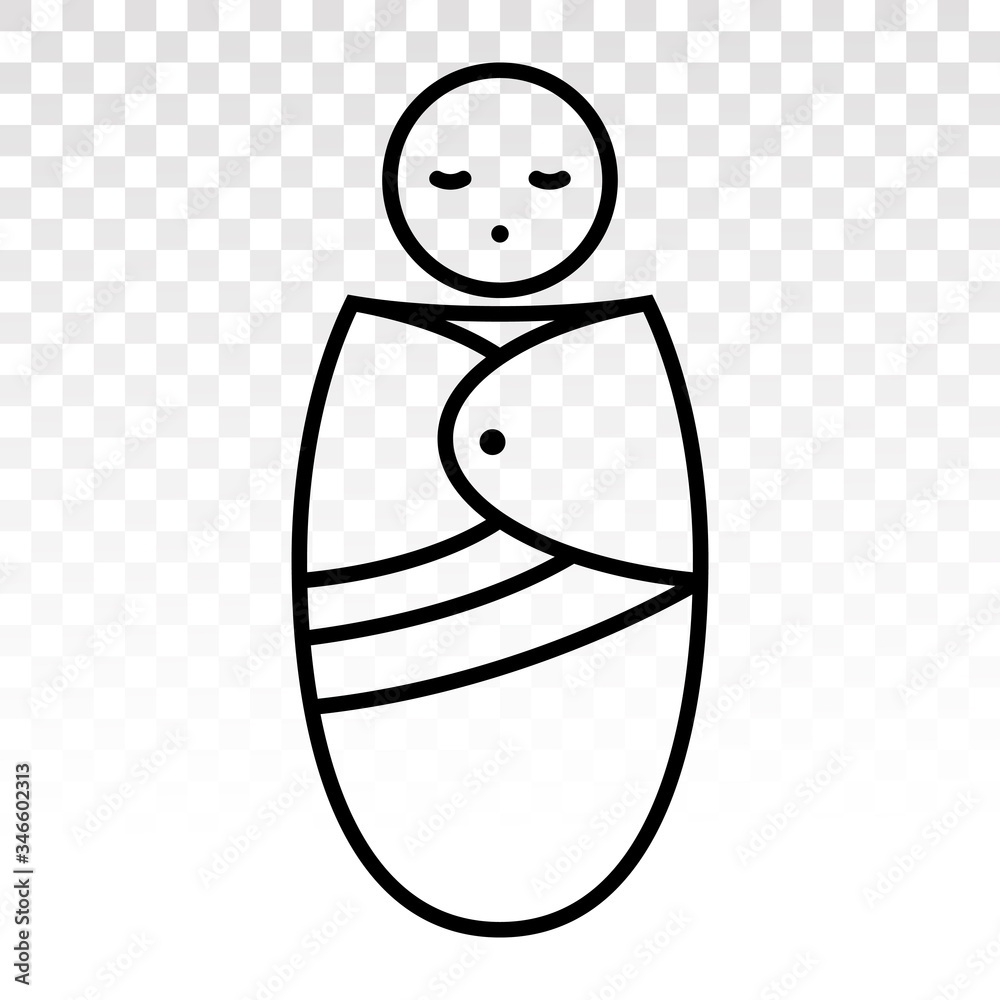 Newborn baby / infant swaddled / swaddling - line art vector icon for ...