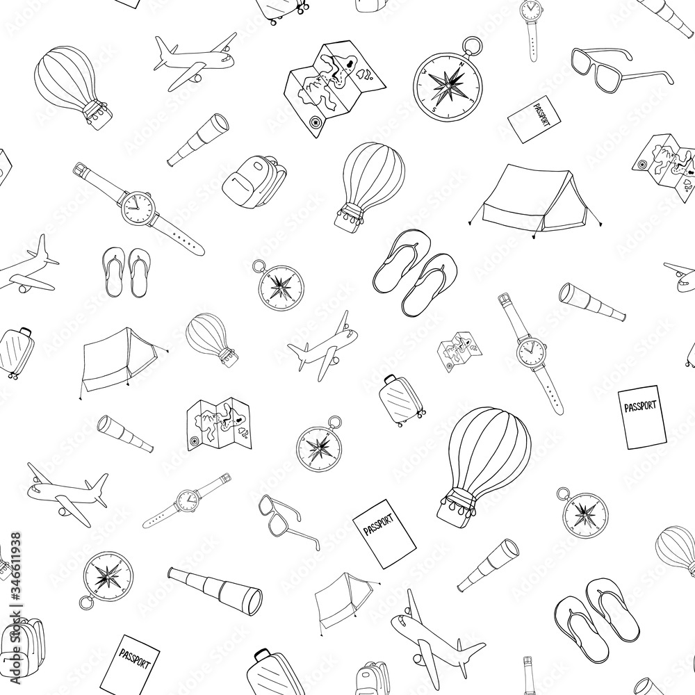 Hand drawn seamless pattern with outline travel items on white ...