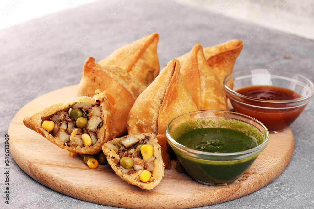Vegetarian samsa or samosas.Indian special traditional street food ...