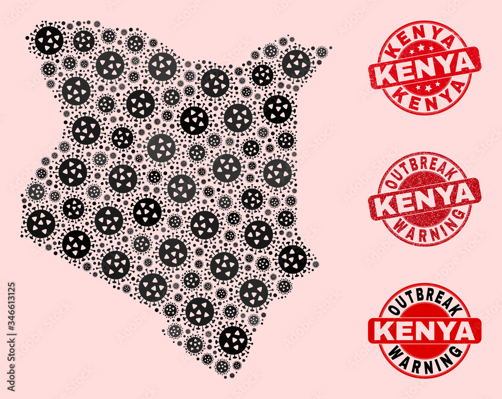 Outbreak collage of covid-2019 mosaic Kenya map and dirty seals. Vector ...