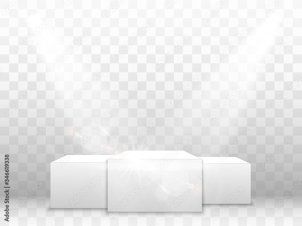 Realistic white podium with spotlights. First place. Vector ...