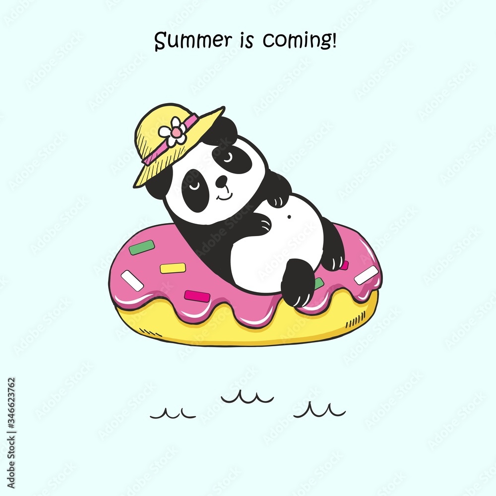 Vector illustration of cute cartoon panda swimming on pool ring ...
