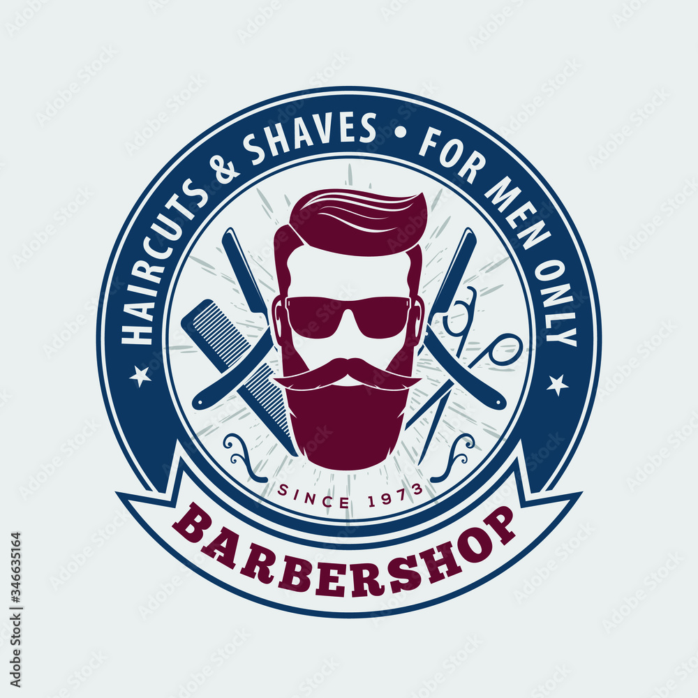Barbershop Logo with barber pole and bearded men in sunglasses. Vector ...