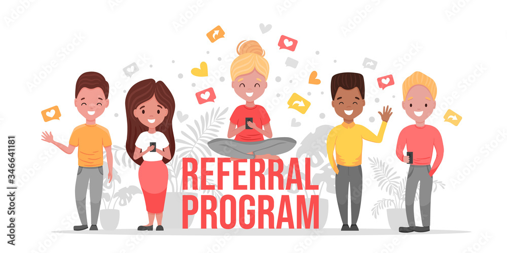Refer a friend horizontal banner. Group of young men and women attracts ...