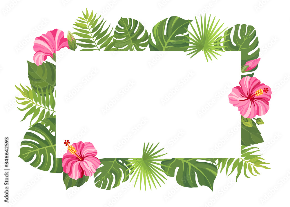 Pink tropical flowers and green leaves frame template. Hibiscus floral ...