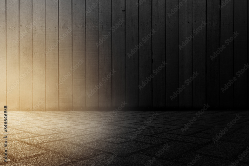 Empty background scene. Rays of neon light in the dark, neon figures ...