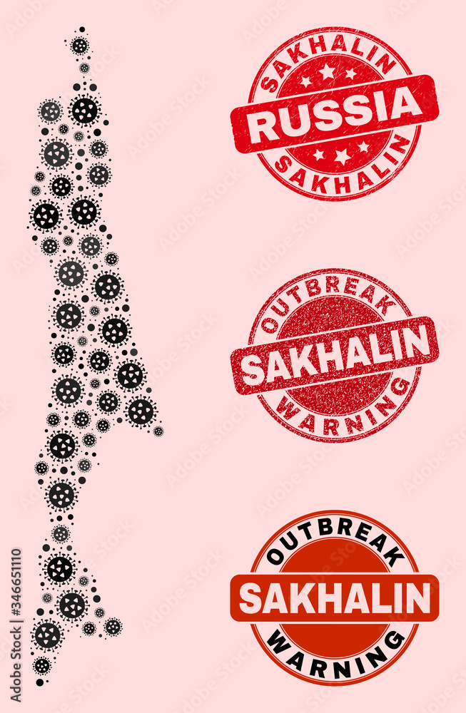 Outbreak collage of infection mosaic Sakhalin Island map and unclean ...