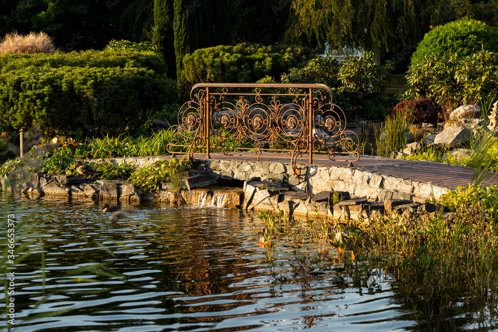 metal forged carved railing in the park near an artificial reservoir in ...