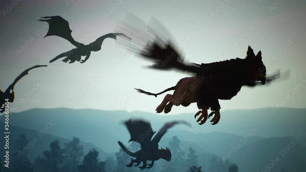 Amazing magical unusual creatures fly over the mysterious night forest ...