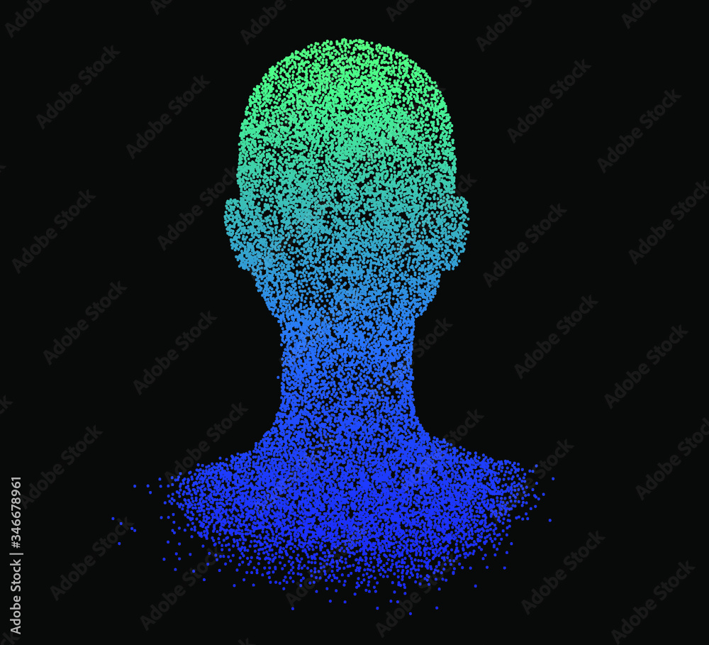 Human head made of partices on dark background. Face made with ...