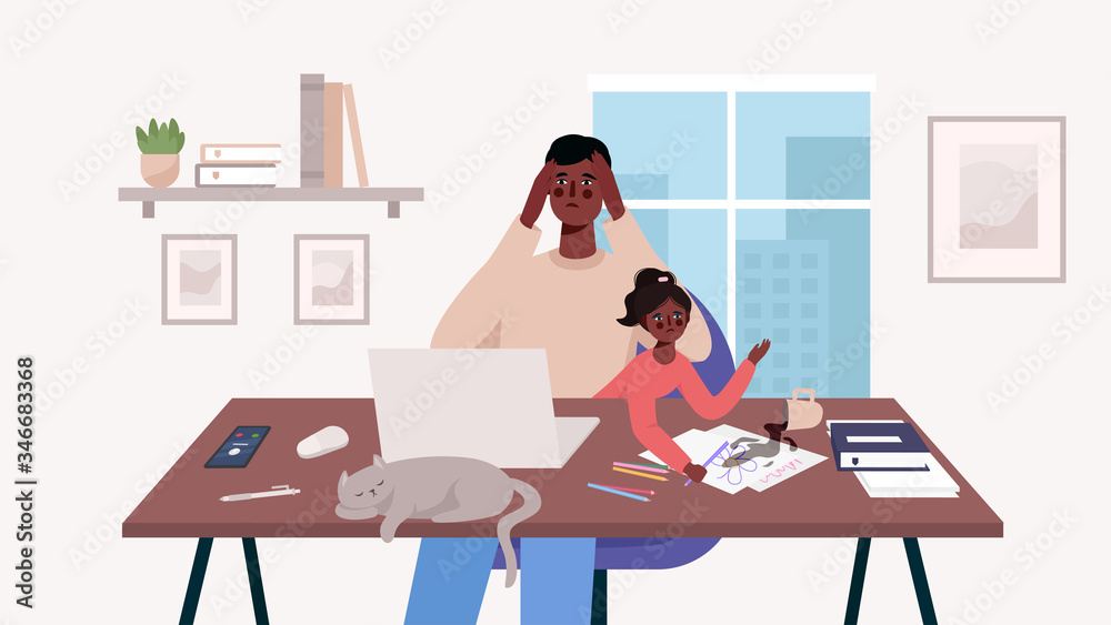 Busy stressed dad sits with a baby and works at a laptop, multitasking ...