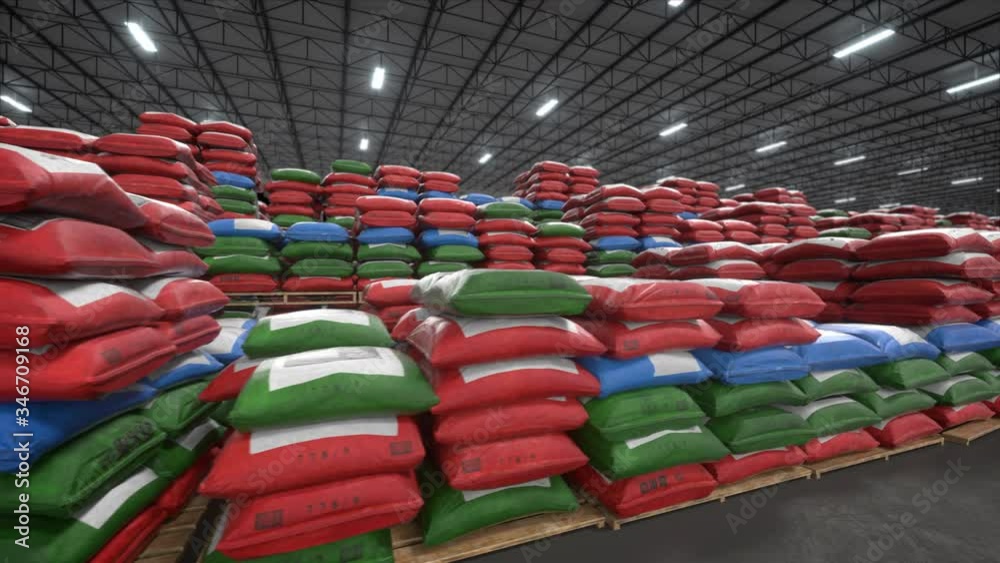 Vidéo Stock Bags in warehouse, large stack of building materials bags ...
