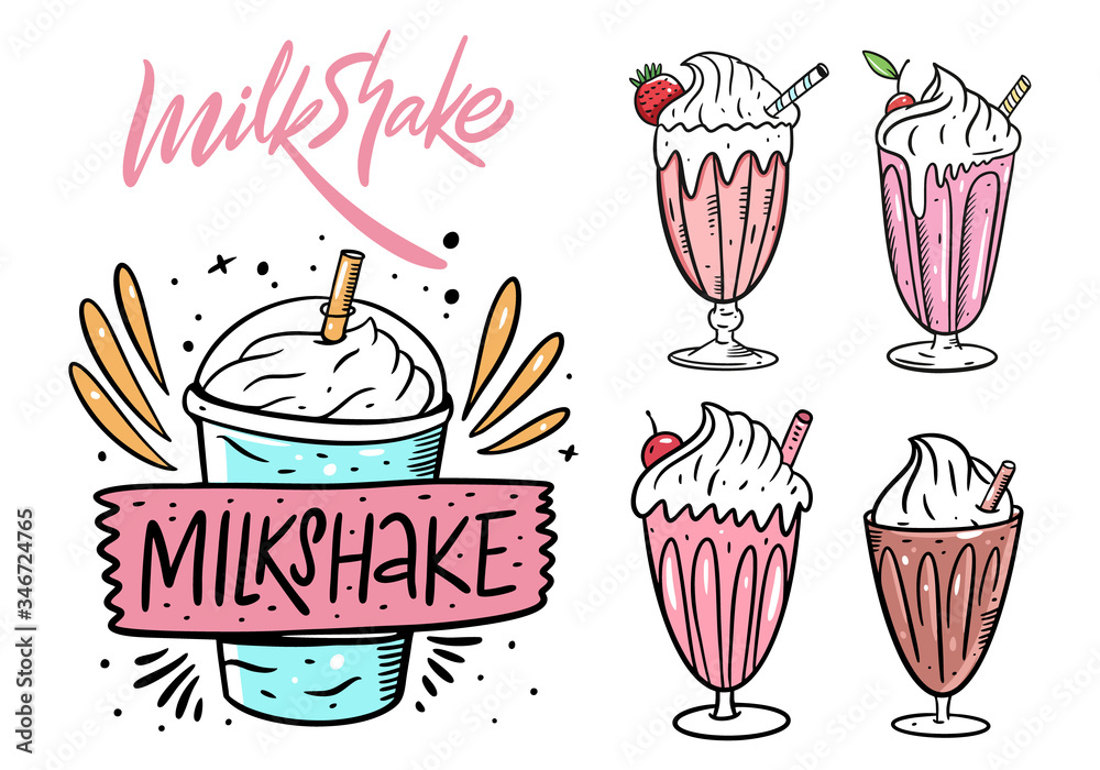 Milkshake set. Cartoon flat vector illustration. Isolated on white ...