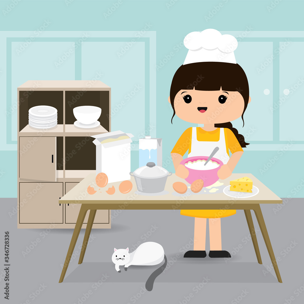 Woman Cooking At Home Cartoon