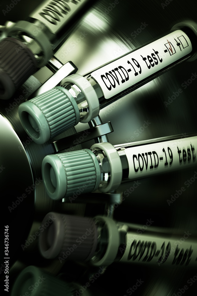 Tube of biological sample contaminated by Coronavirus with label Covid ...