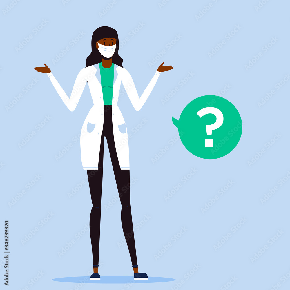 Confused female doctor character standing, thinking and making decision ...