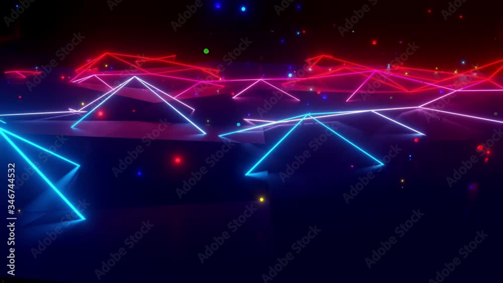 Neon linear lamps with a gradient glow of red-blue color over a low ...