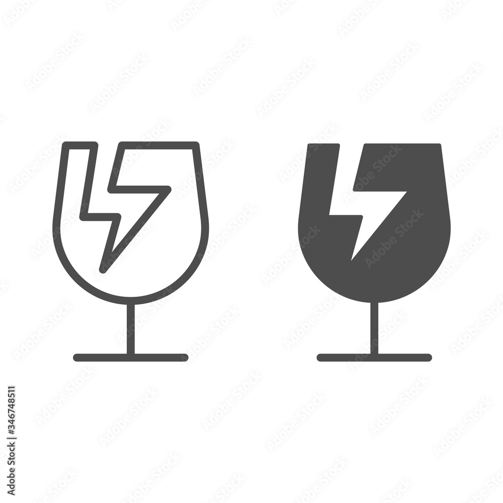 Broken glass symbol of fragile cargo line and solid icon, logistic and ...