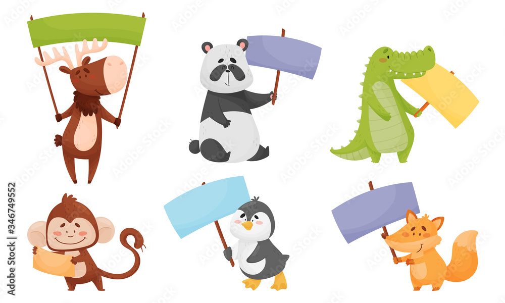 Animals Holding Blank Banners and Sign Boards with Their Limbs Vector ...