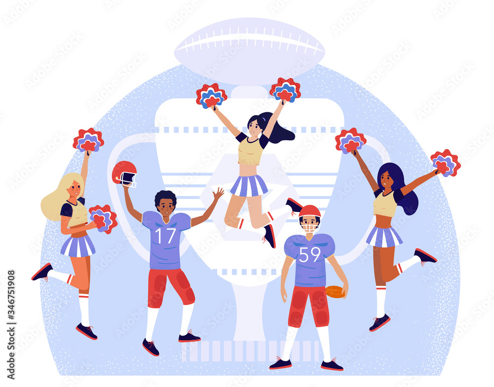 American football players and cheerleader girls rejoice in their team ...