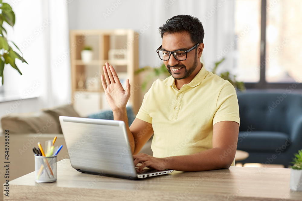 technology, remote job and lifestyle concept - happy indian man in ...